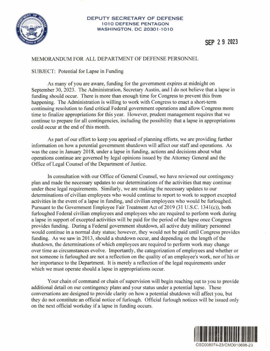 DOD: Key Official Says Shutdown Would Damage National Defense