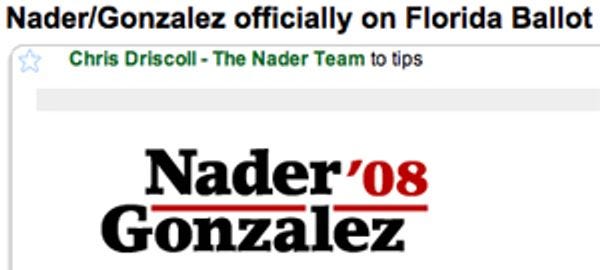 And Here's Some Great News From The Nader Campaign!