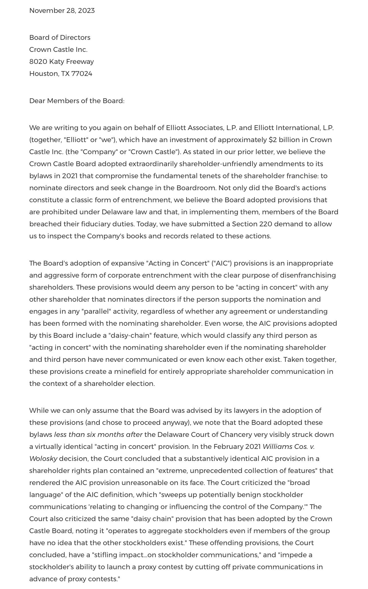 Elliott pens letter to Crown Castle Inc. Board