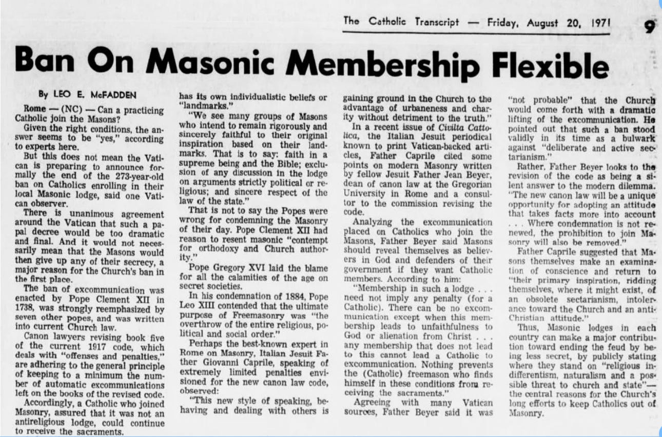 A fascinating article about Freemasons & Catholics from Pillar Catholic ...