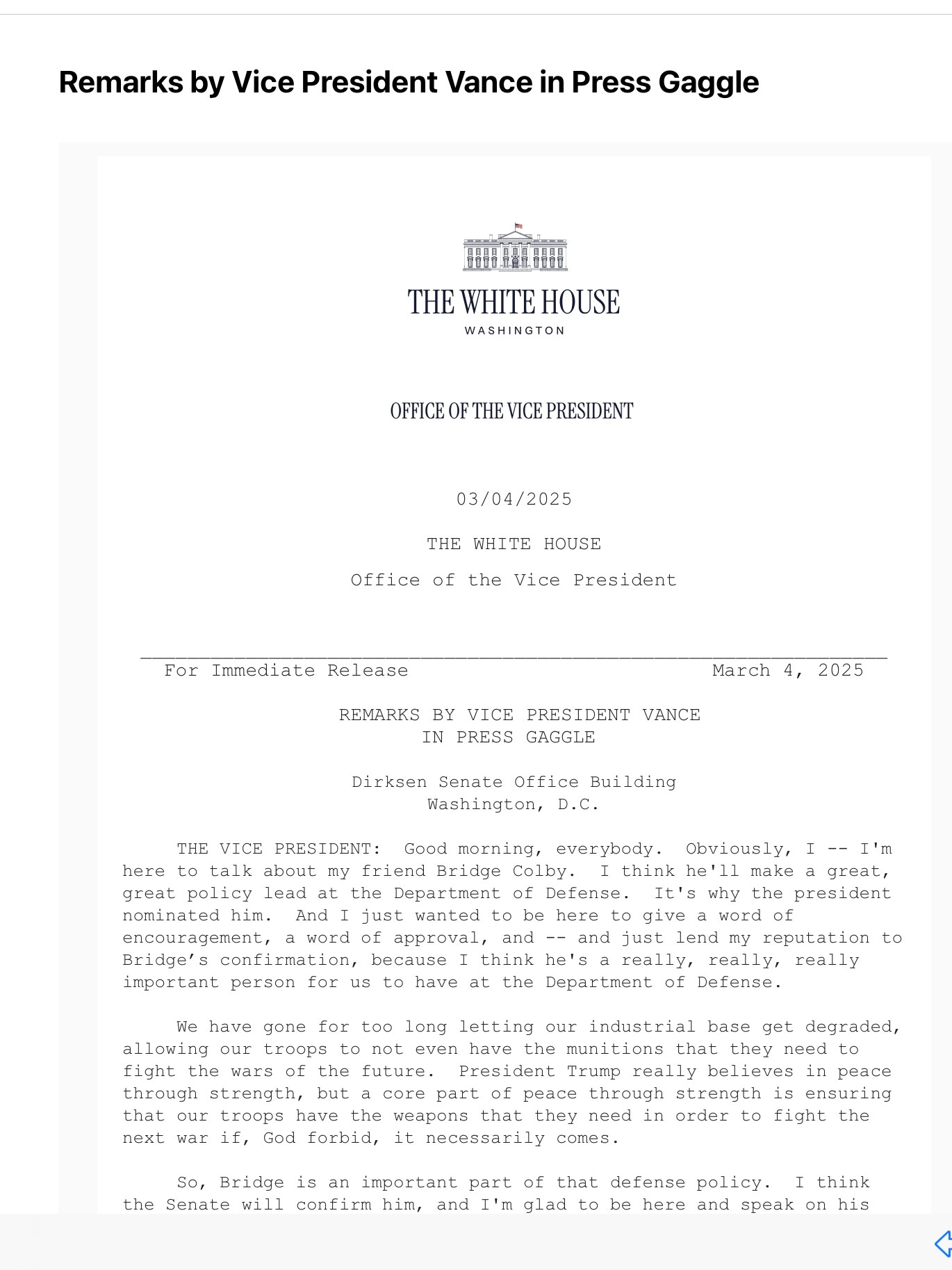 REMARKS ON BRIDGE COLBY NOMINATION BY VICE PRESIDENT J.D. VANCE TO THE ...