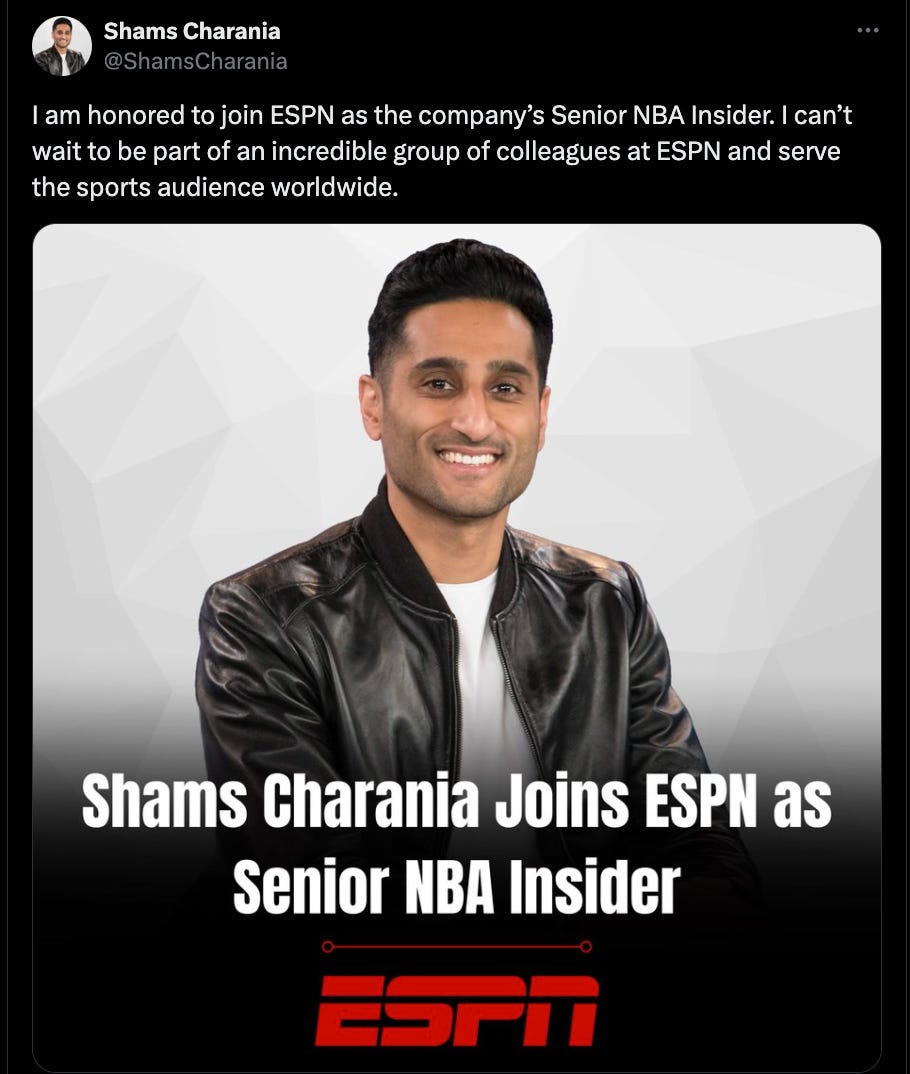 Win-Win: Shams Charania Joins ESPN - by Ethan Strauss