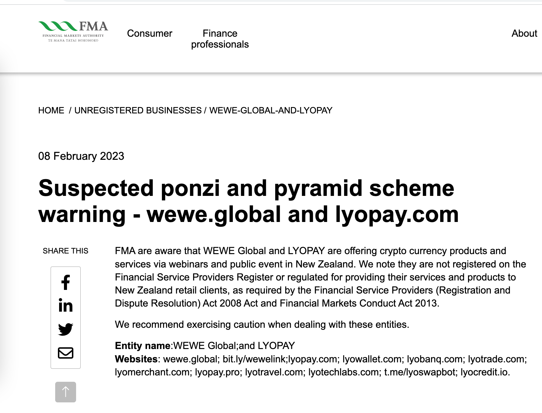 FMA lists WEWE Global as Scam - CryptoFroYoBro