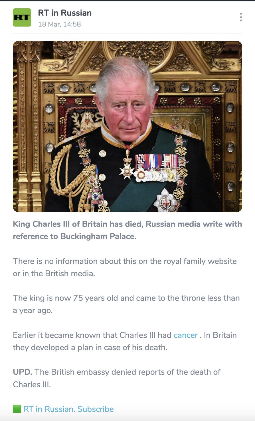 Nyet, comrade, it’s not true that King Charles has died