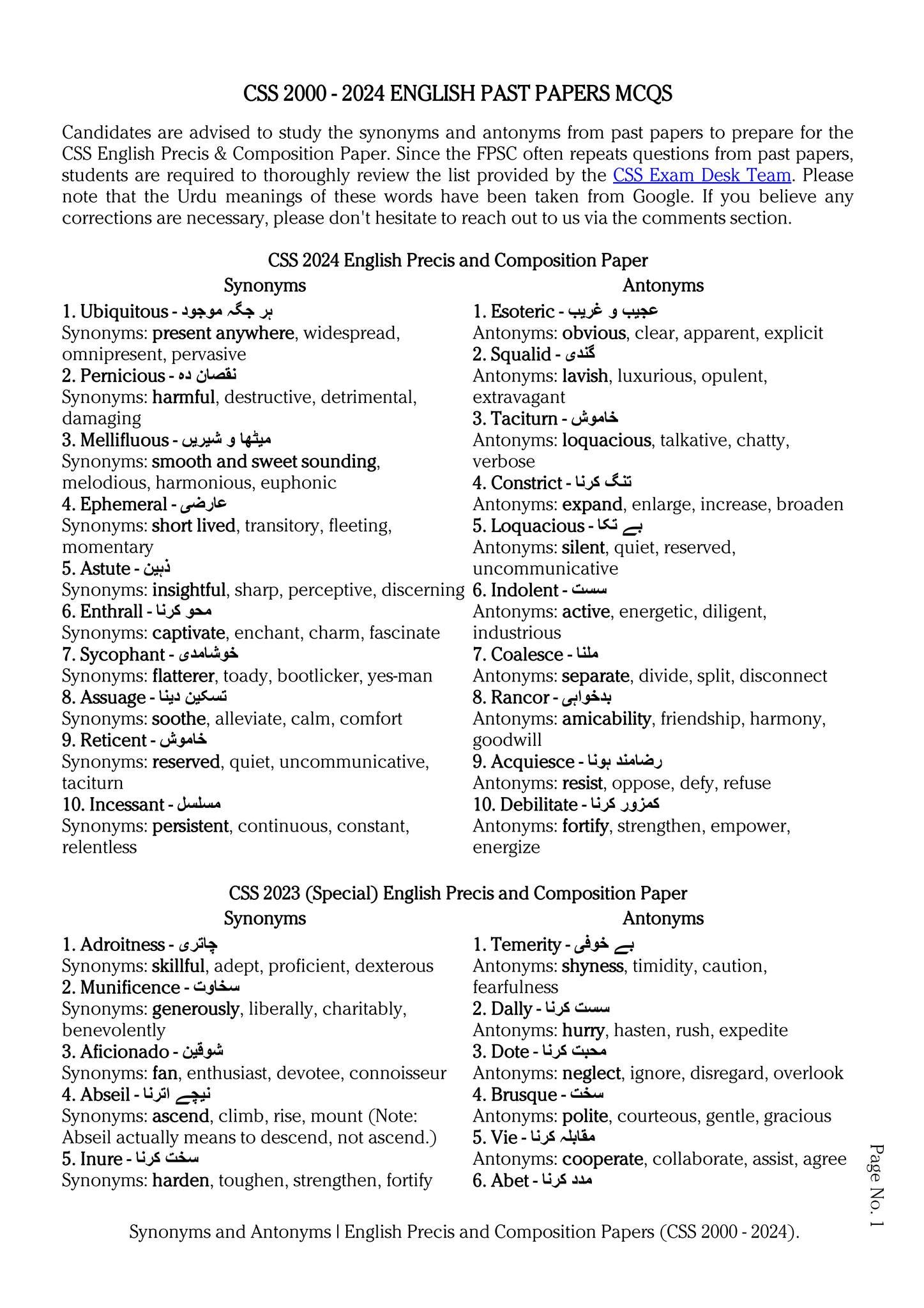 Synonyms and Antonyms MCQs (CSS 2000 – 2024) – CSS Exam Desk Synonyms and Antonyms MCQs (CSS 2000 – 2024) – CSS Exam Desk