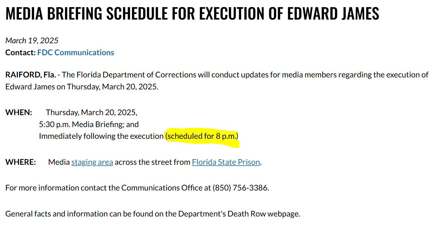 BREAKING: Edward James' execution delayed two hours