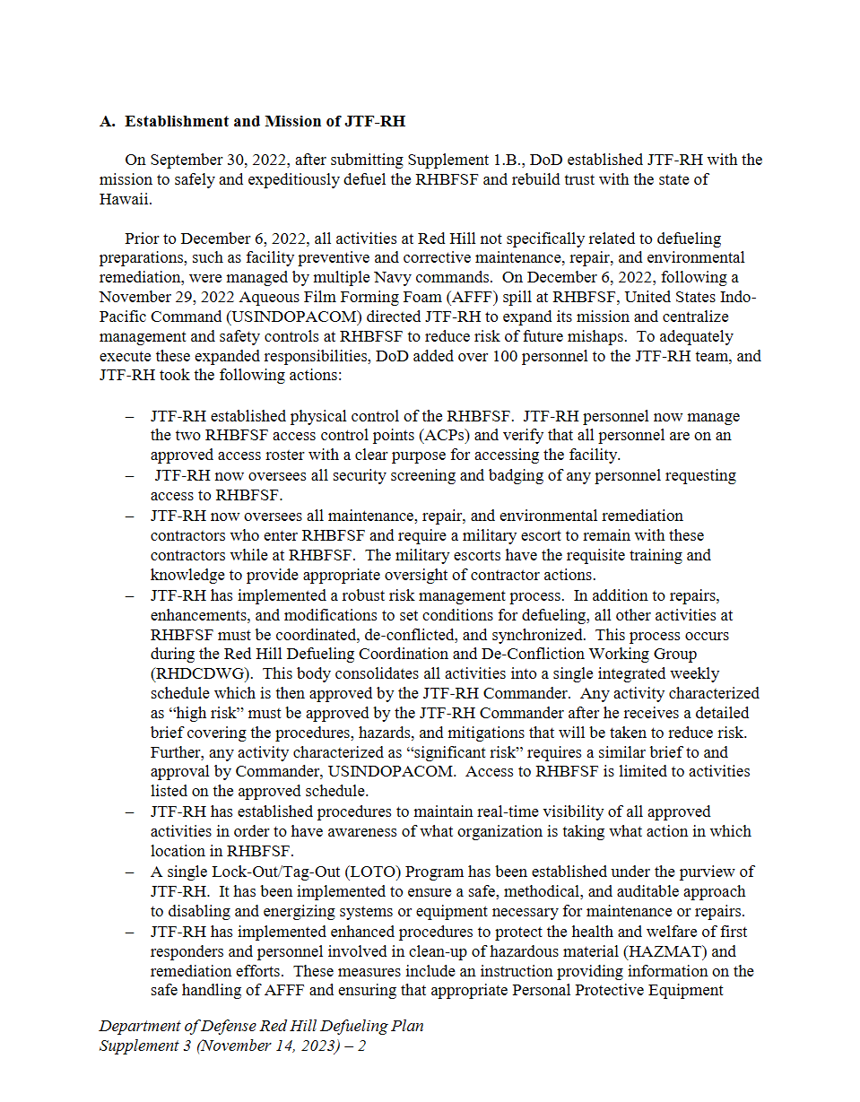 DOD Releases Supplement To Red Hill Defueling Plan