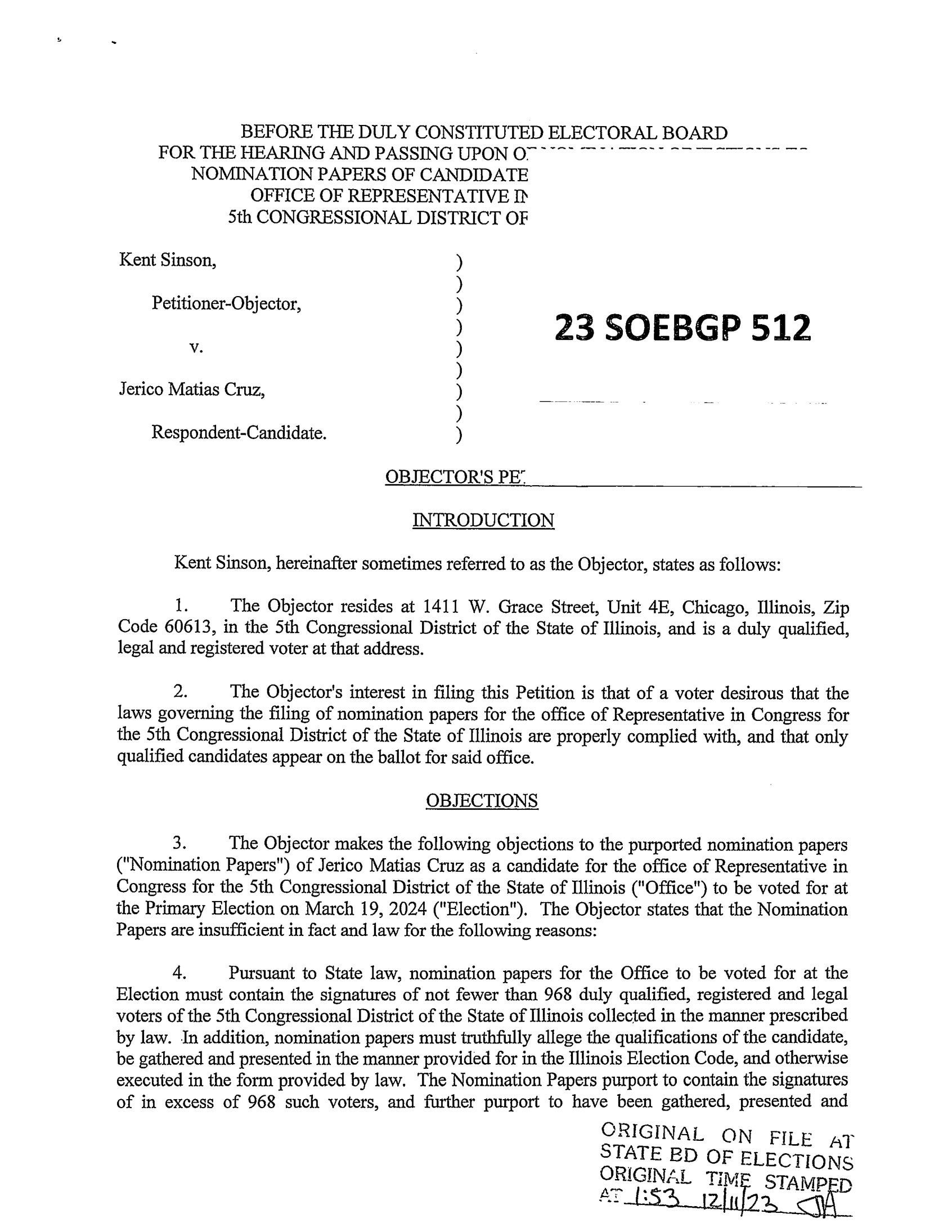 2024 IL Primary Election's Petition Objection: Kent Sinson v. Jerico ...