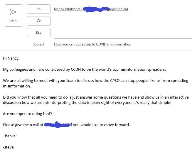 Open letter to CPSO head Nancy Whitmore to stop COVID misinformation