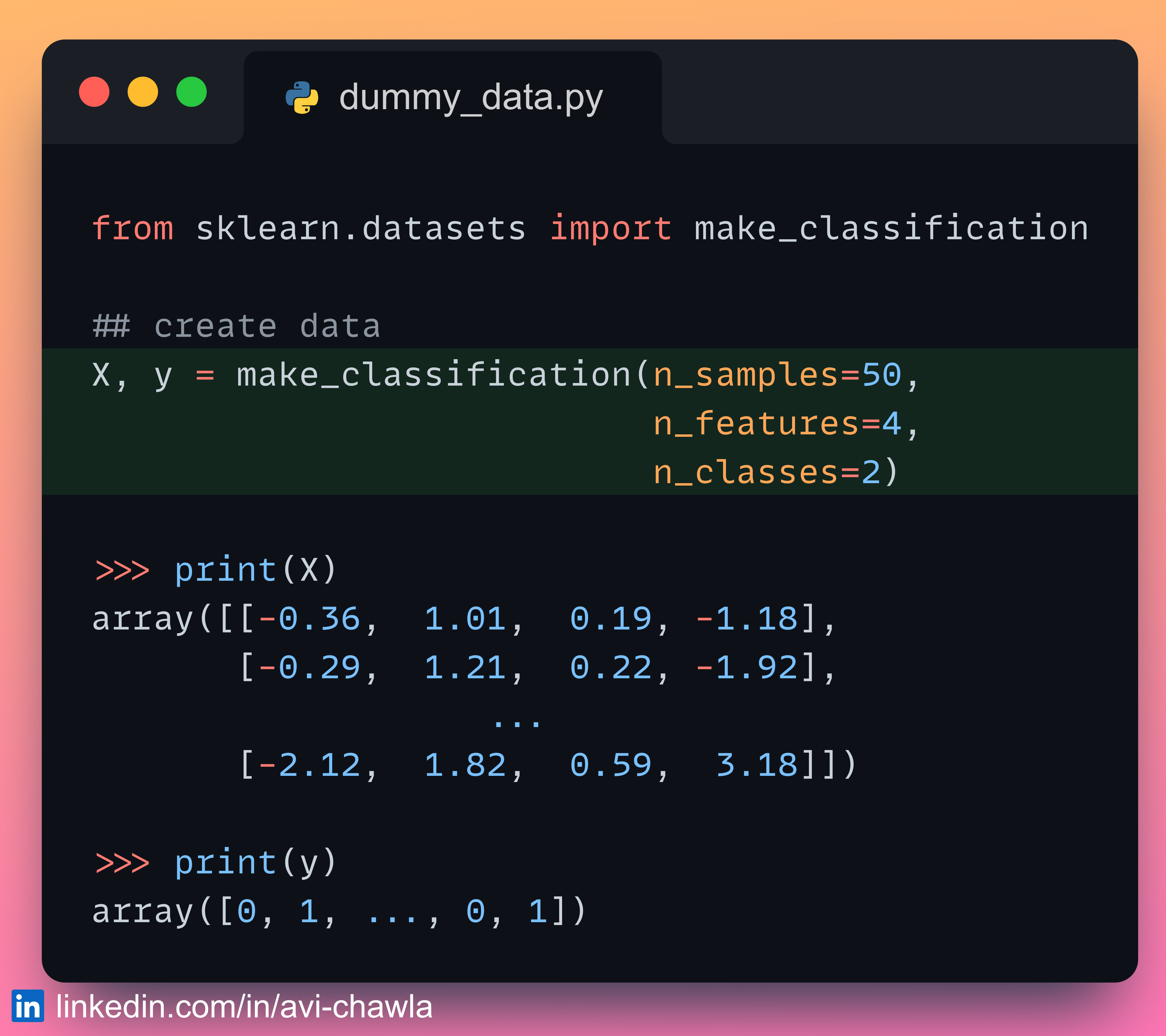 Sklearn One-liner to Generate Synthetic Data