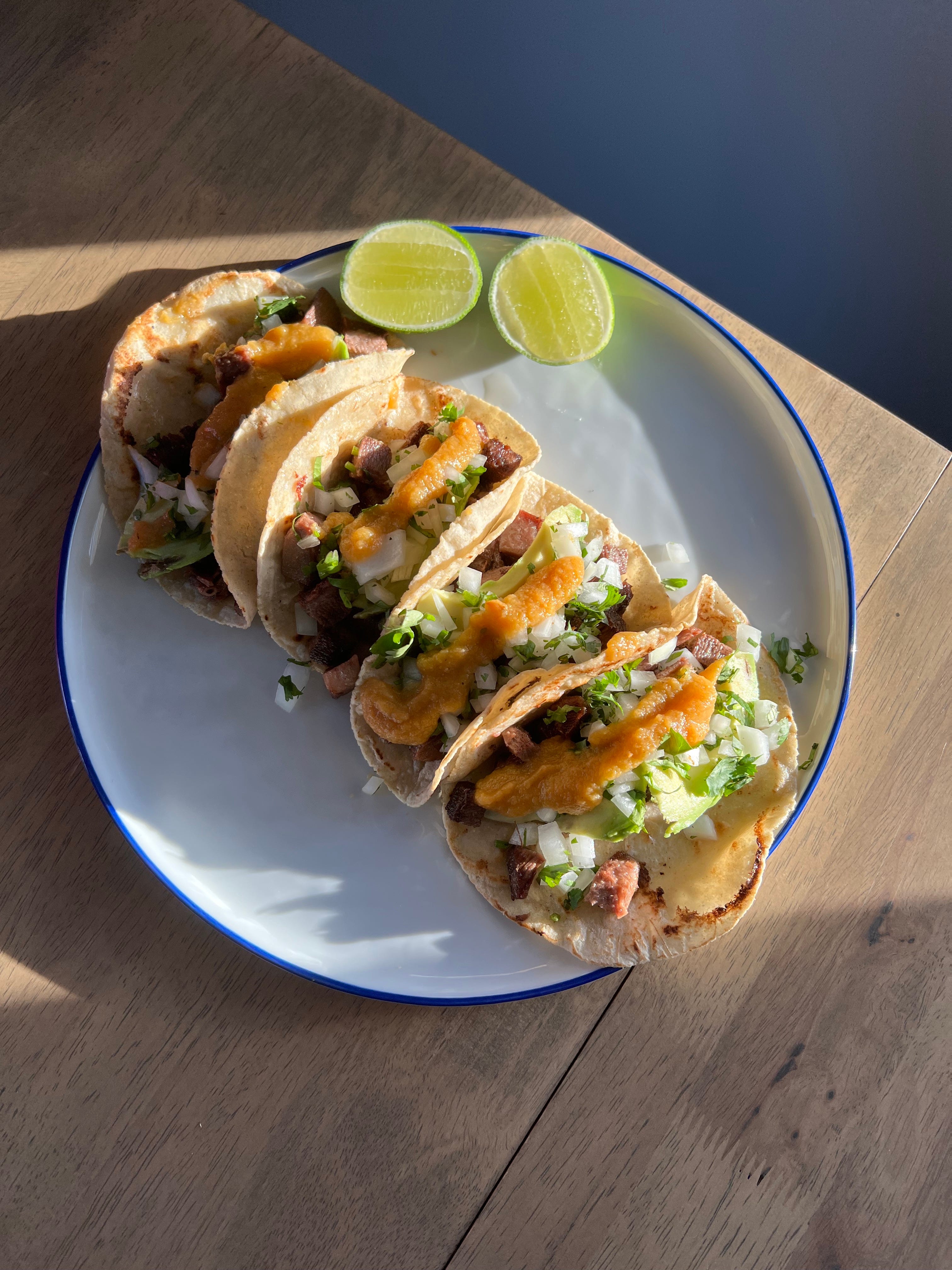 tacos de lengua with persimmon salsa - by Chuck Cruz