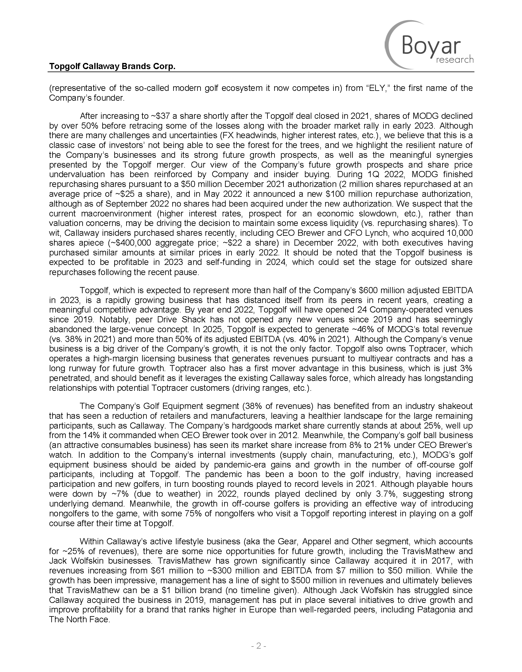 Boyar Research: TopGolf Callaway Brands (MODG)