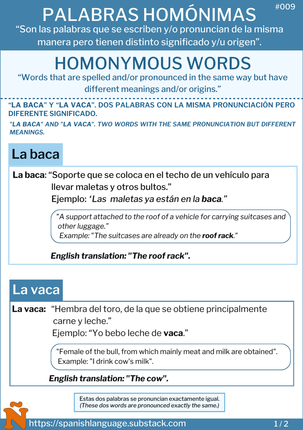 Spanish Homonymous words: ‘La baca’ vs. ‘La vaca’. (#009)