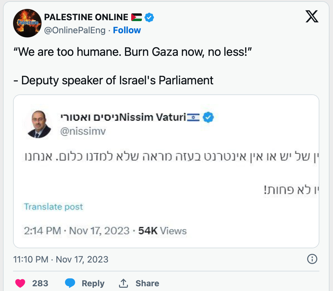 👁‍🗨 18 novembre - Nissim Vaturi, vice-président israélien de la Knesset : “Il faut brûler Gaza ...