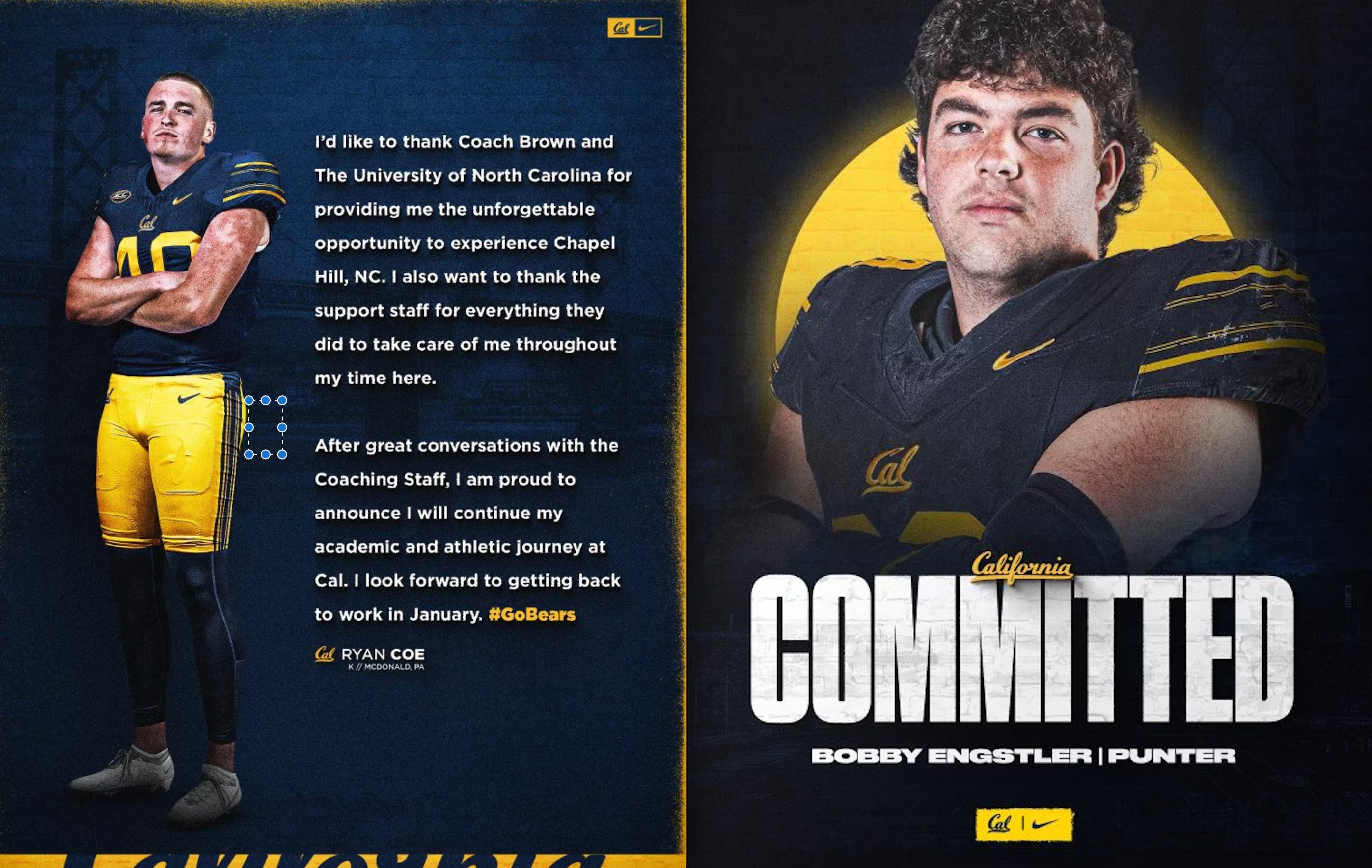Cal football will welcome kicker Ryan Coe and punter Bobby Engstler in 2024