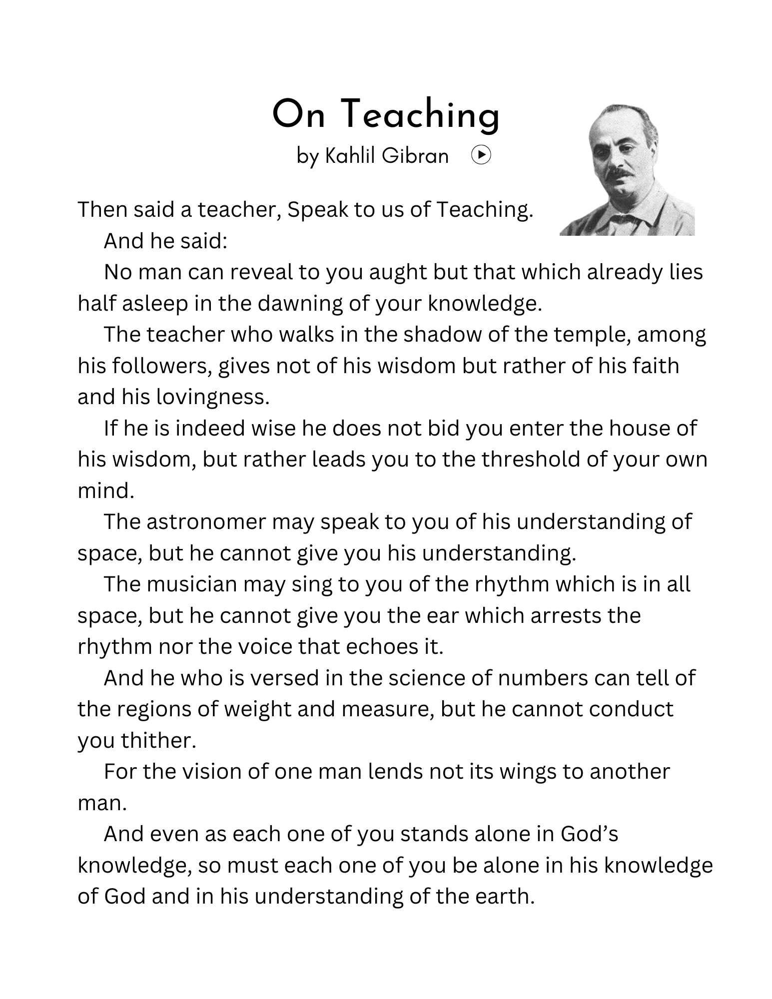 On Teaching - Kahlil Gibran - by David Deubelbeiss