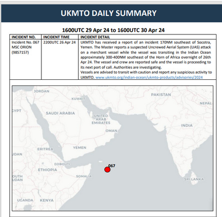 UKMTO Reports UAS Attack On Merchant Vessel On April 26th, 2024