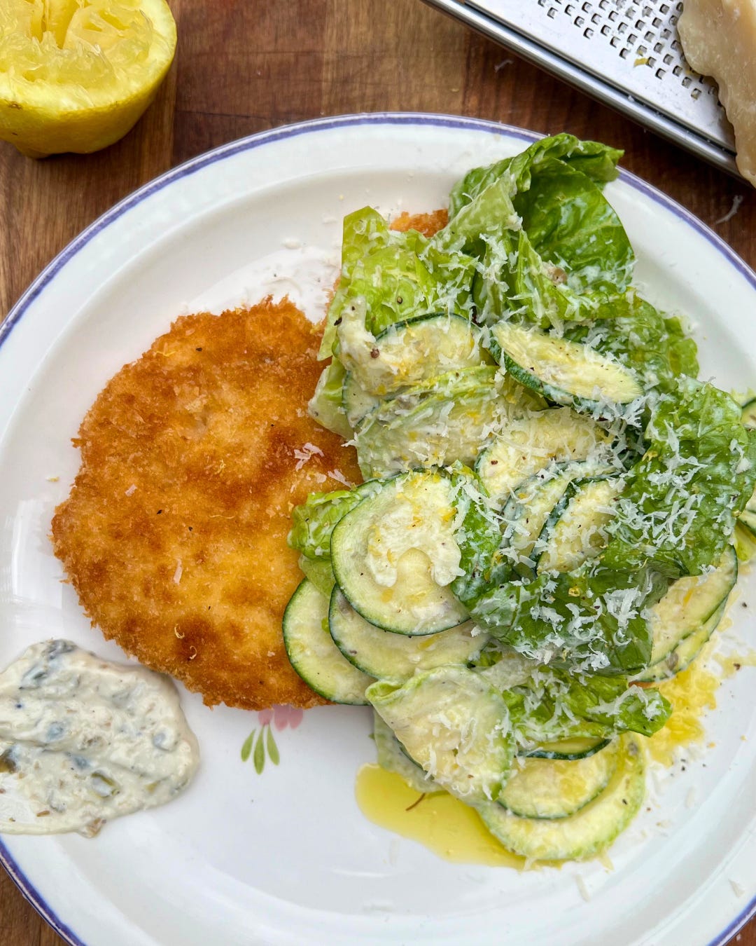 MESSY PLATE #10 chicken schnitzel caesar + lemon, garlic courgette pasta