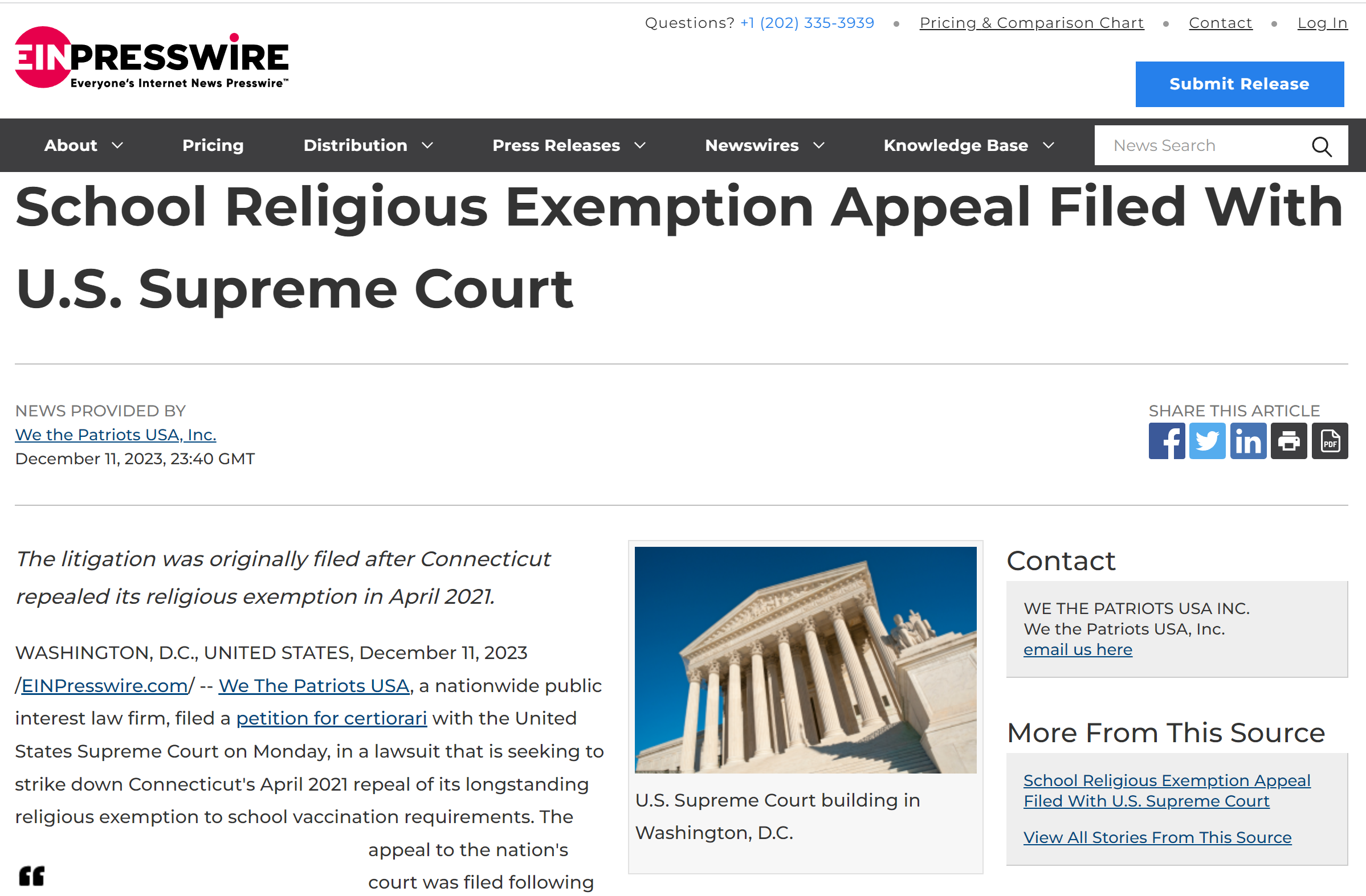 School Religious Exemption Appeal Filed With U.S. Supreme Court