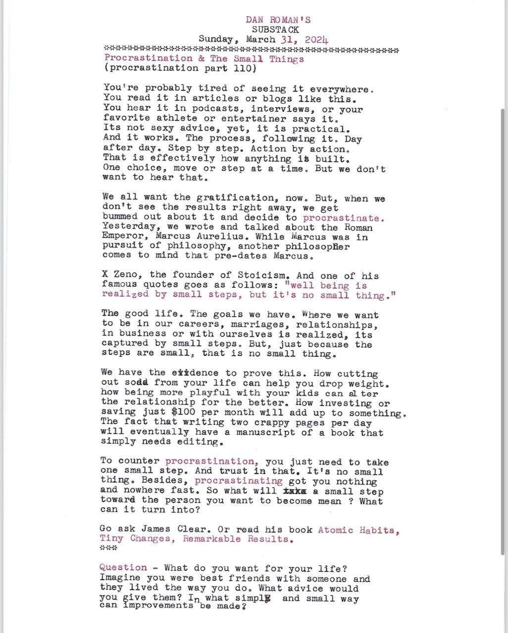 Procrastination & The Small Things - Dan Roman's Substack