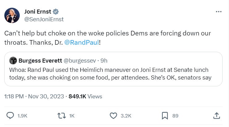 Joni Ernst Choked On A Woke - by Evan Hurst - Wonkette