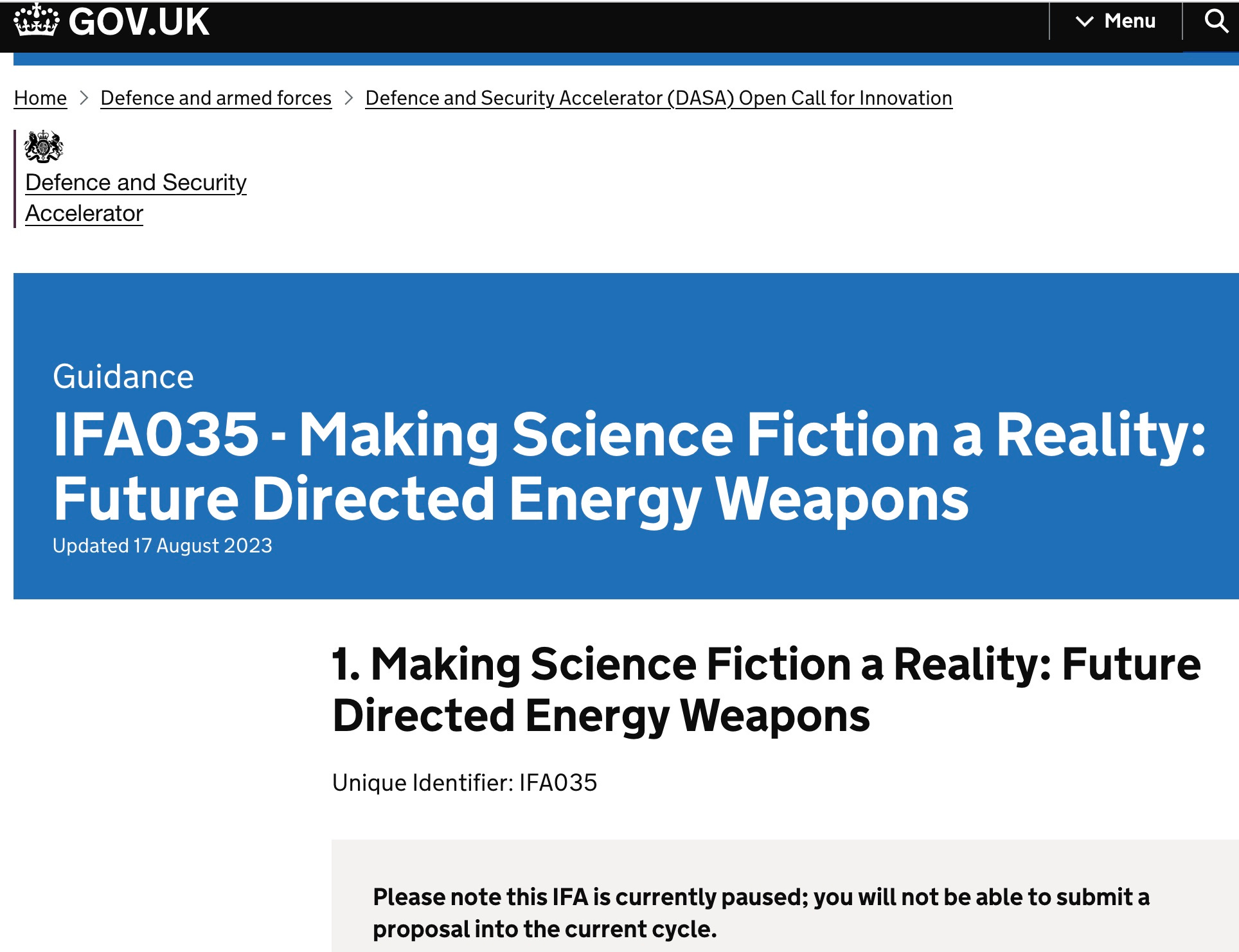 Directed Energy Weapons: Not Science Fiction according to the UK government