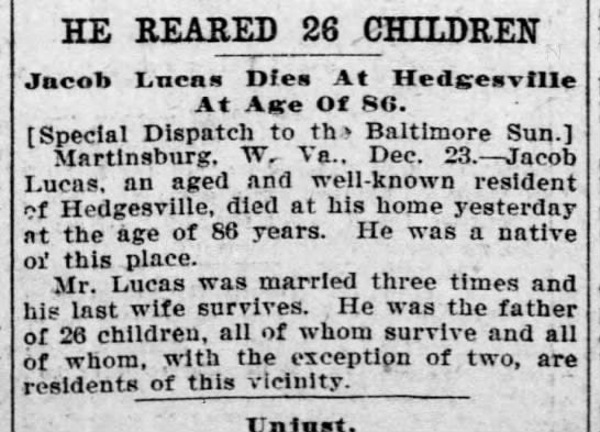 Jacob F. Lucas fathered 26 children with at least 3 wives