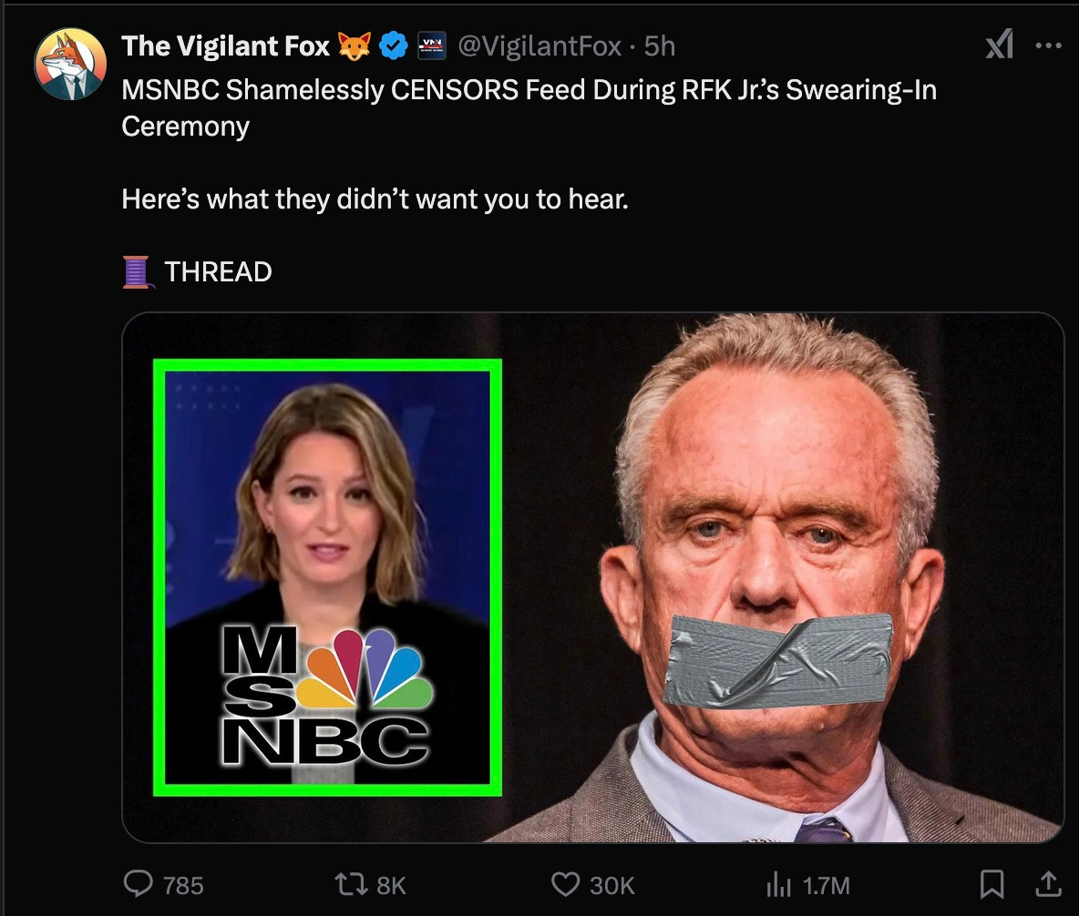 MSNBC cut the feed for RFK, Jr's remarks at his swearing in ceremony--