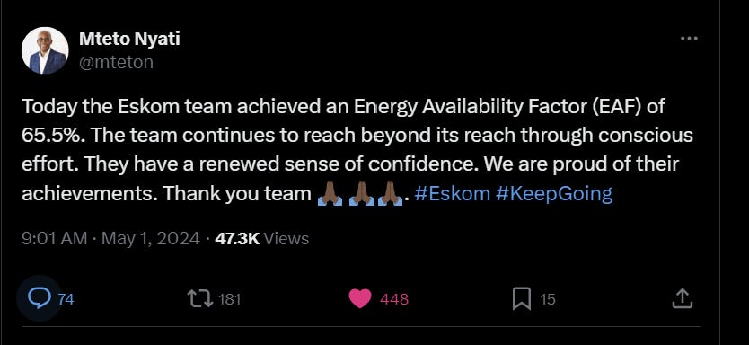 Eskom hits 65% Energy Availability Factor - by Hügo Krüger