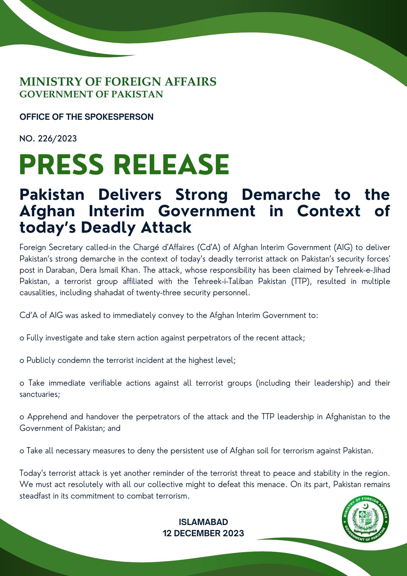 Pakistan MoFA: Pakistan Delivers Strong Demarche to the Afghan Interim ...