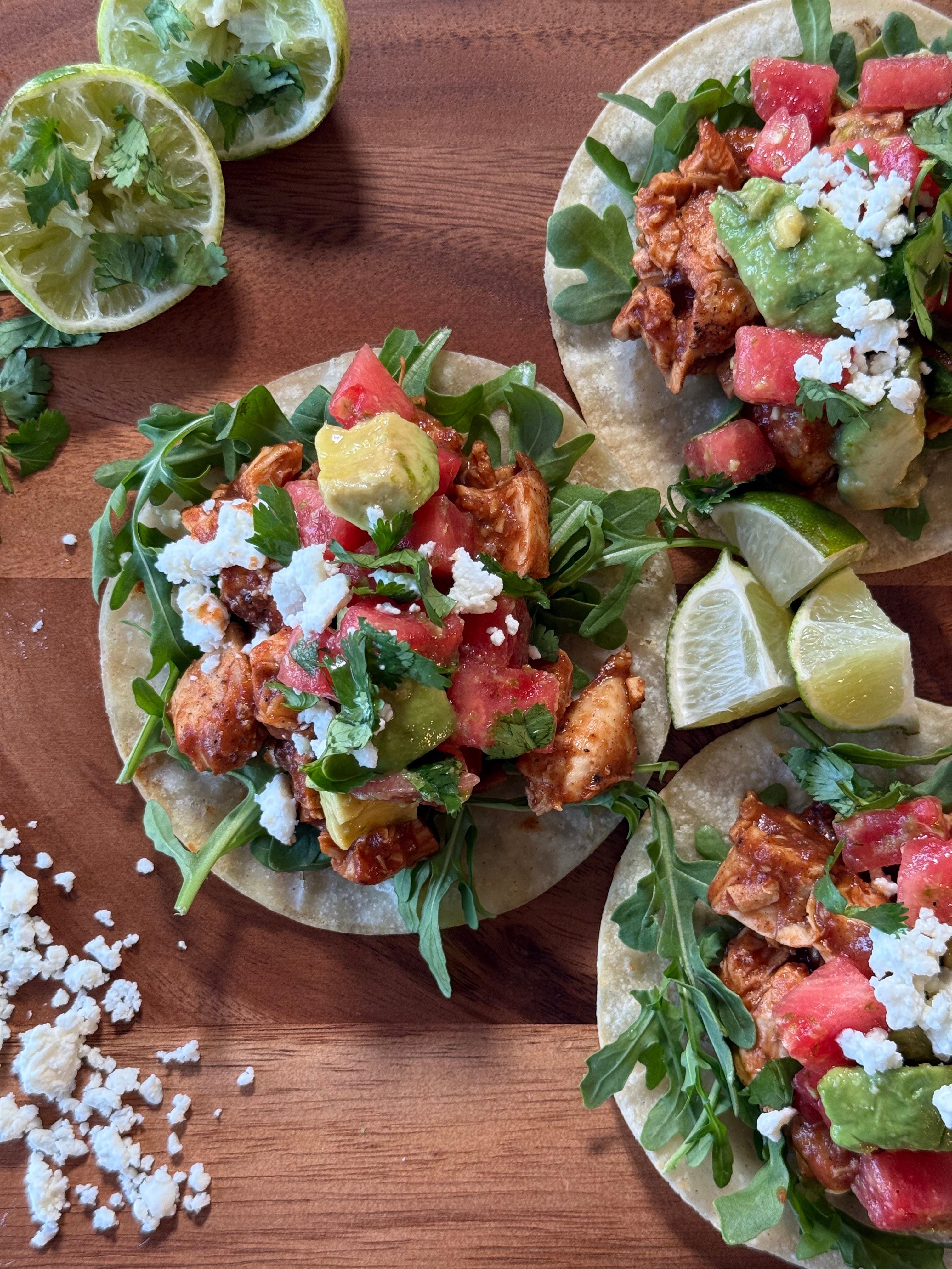 Watermelon Feta BBQ Chicken Tacos - by Ellie Teale