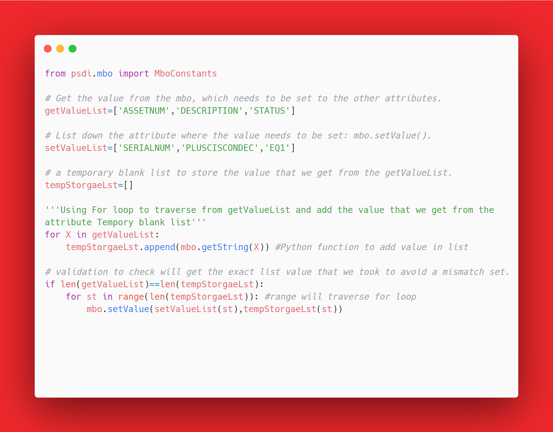 Maximo scripting with Python built-in data structure.