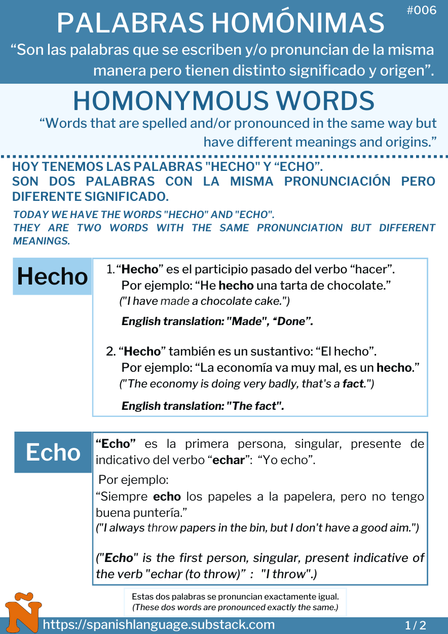 Spanish Homonymous words: Hecho vs. Echo. (#006)
