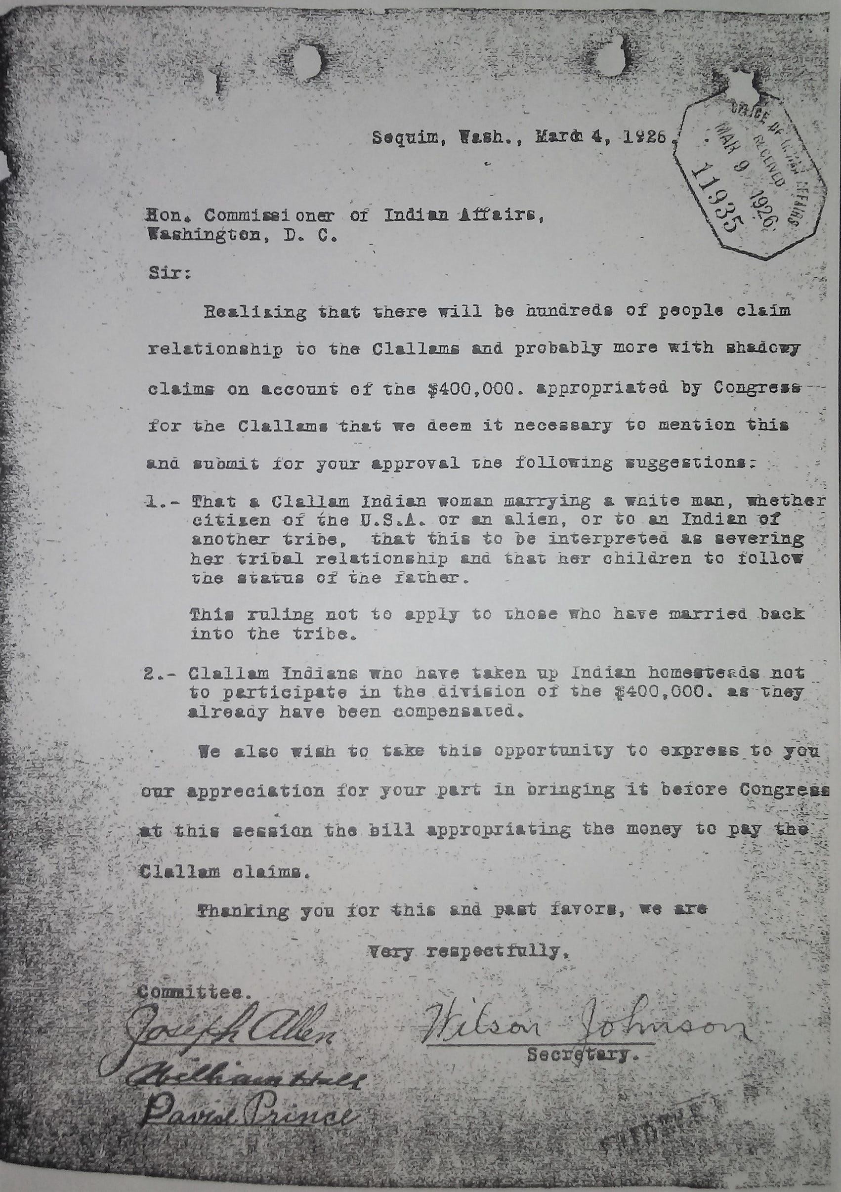 100 years later: The Clallam Relief Act - by Jeff Tozzer