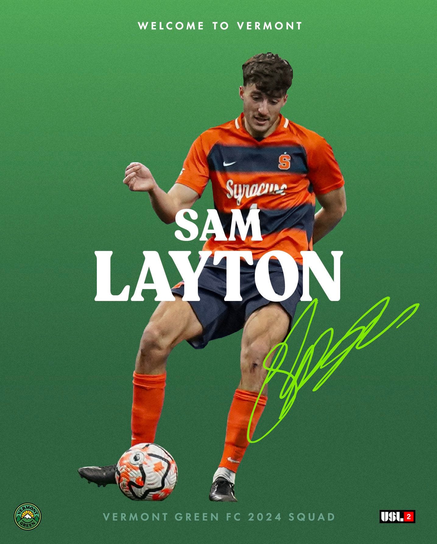 Vermont Green FC Adds Syracuse Midfielder Sam Layton