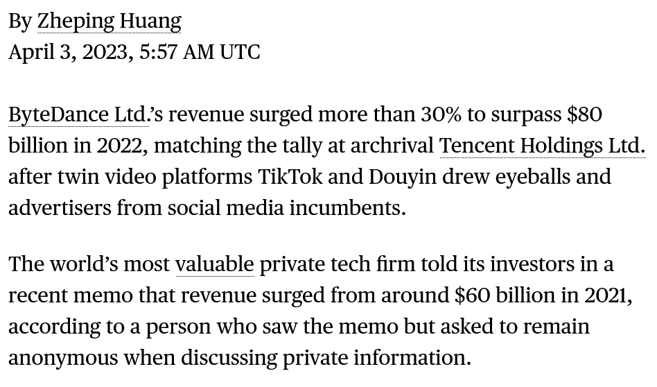 ByteDance Matches Tencent’s $80 Billion Sales After TikTok Boom