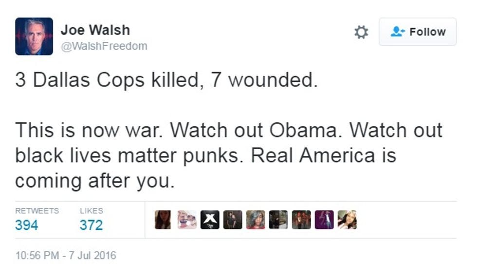 Five Dallas Cops Killed By Sniper Who Wanted Race War. Joe Walsh Says ...