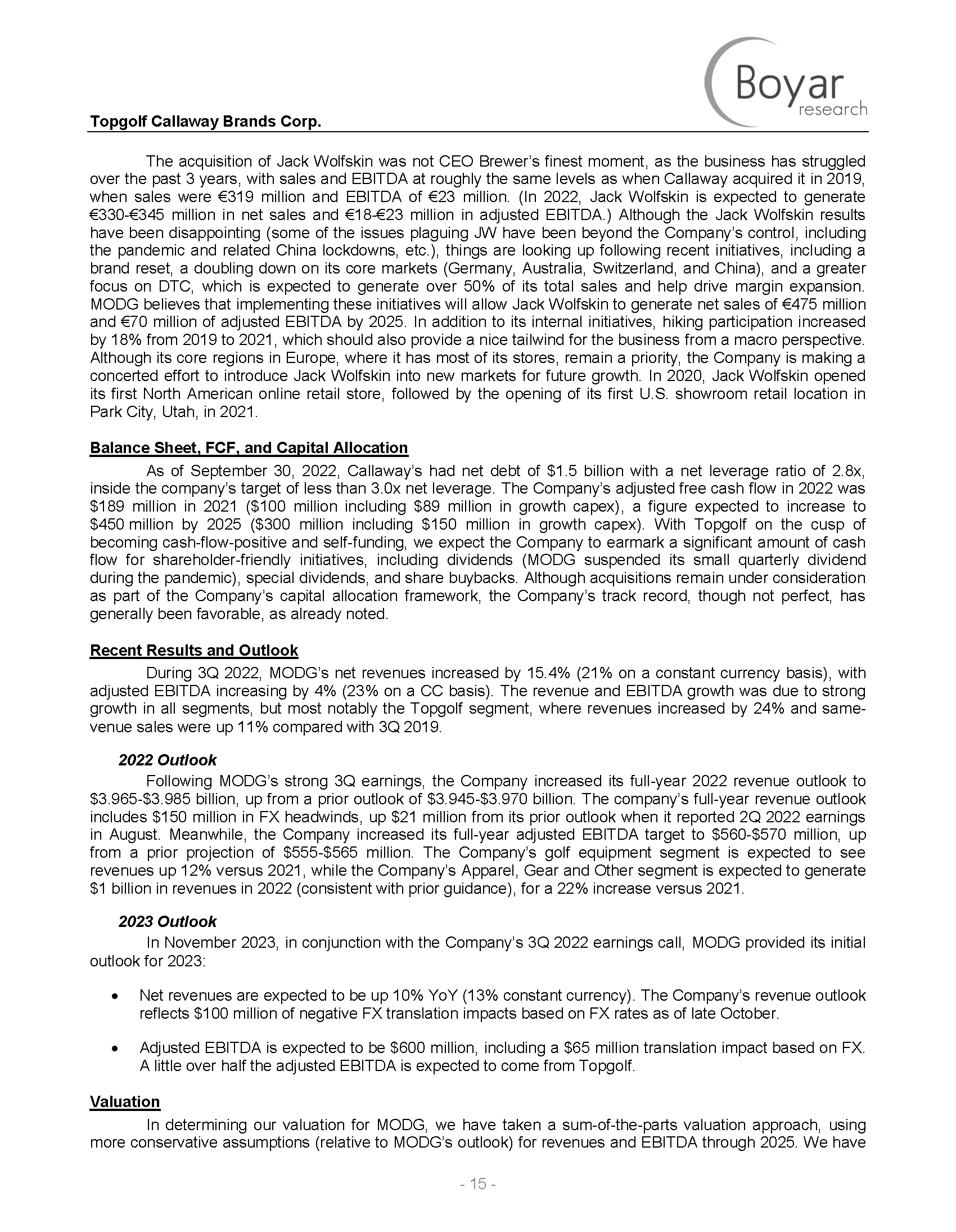 Boyar Research: TopGolf Callaway Brands (MODG)