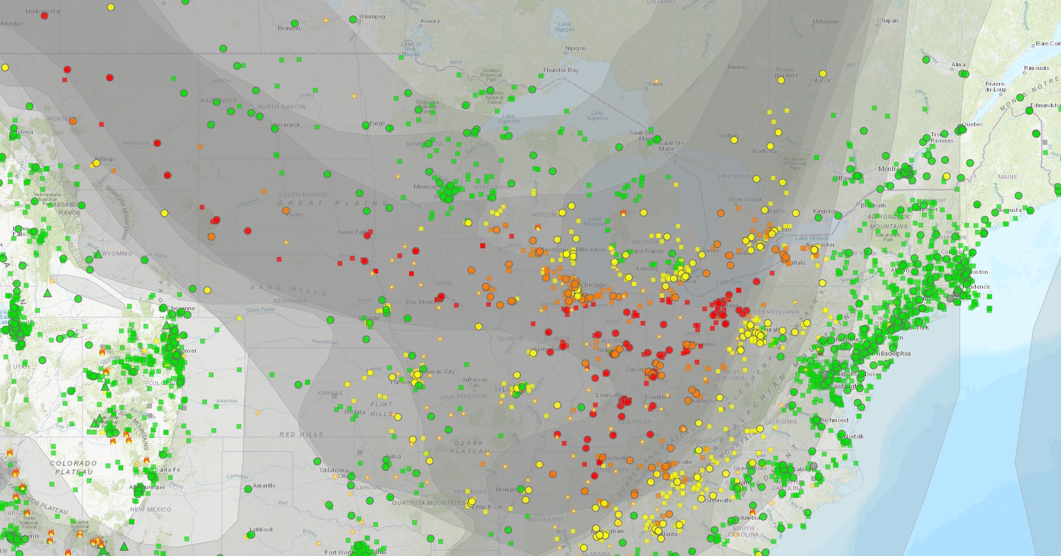 Current Air Quality Map Showing Smoke Caused By Fires