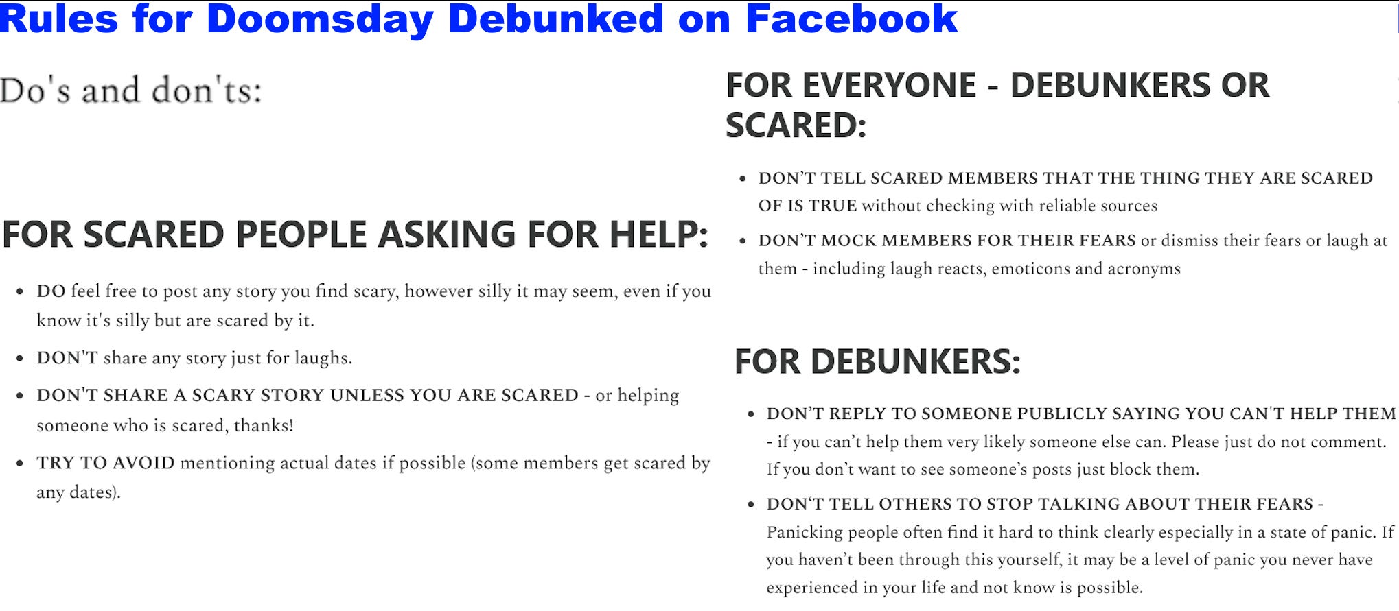 Group rules for the Doomsday Debunked group on Facebook