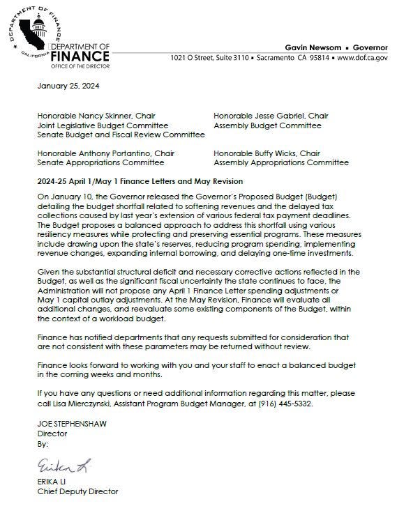 Administration cancels April Finance Letters and capital outlay adjustments