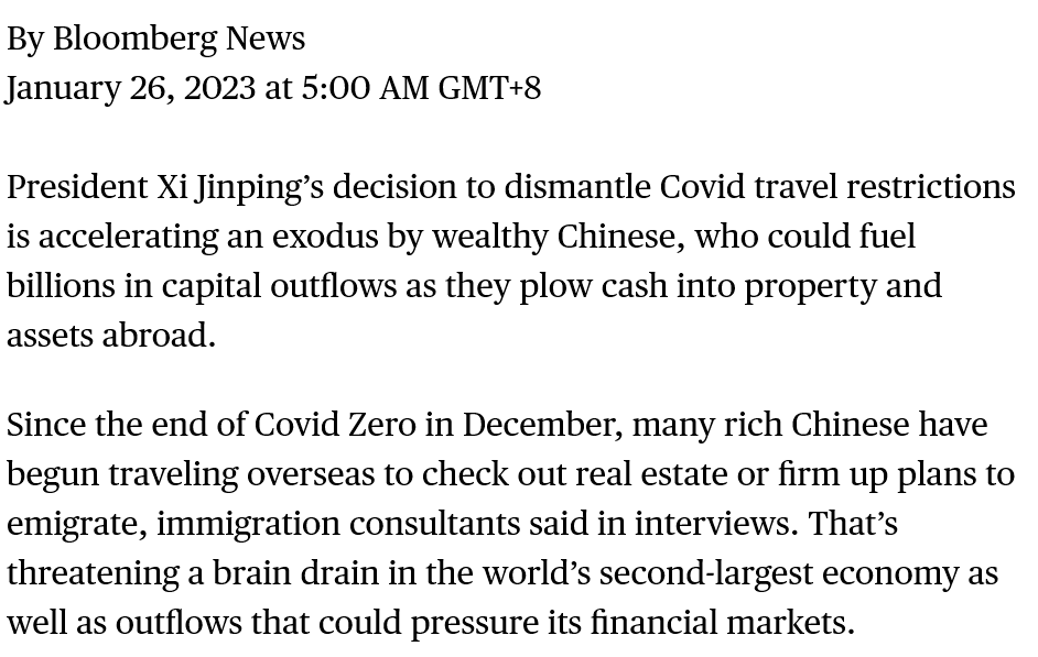 Exodus of Wealthy Chinese Accelerates With End of Covid Zero