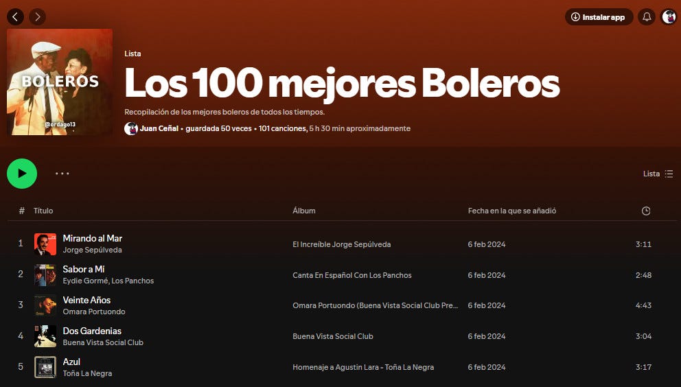 Nueva playlist: Los 100 mejores Boleros - by Juan Ceñal