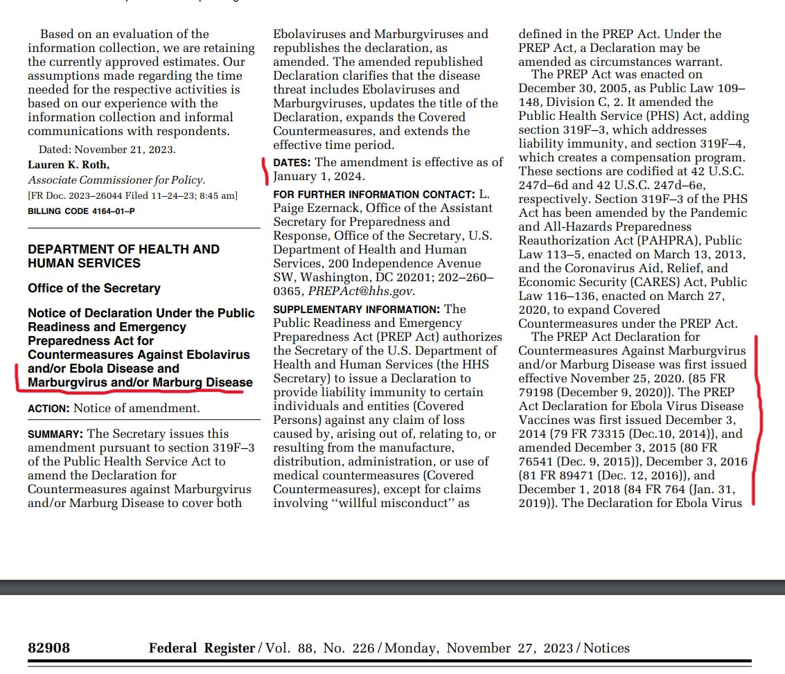 PREP Act for Marburg and Ebola Extended to Dec 31, 2028