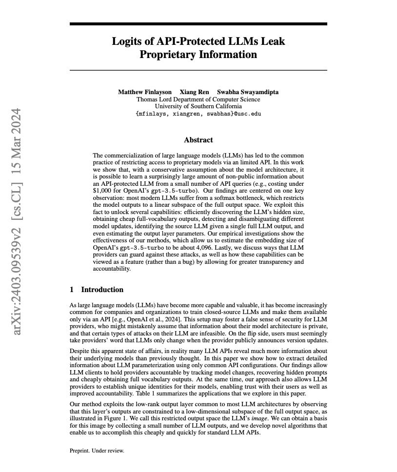 [paper]Logits of API-Protected LLMs Leak Proprietary Information