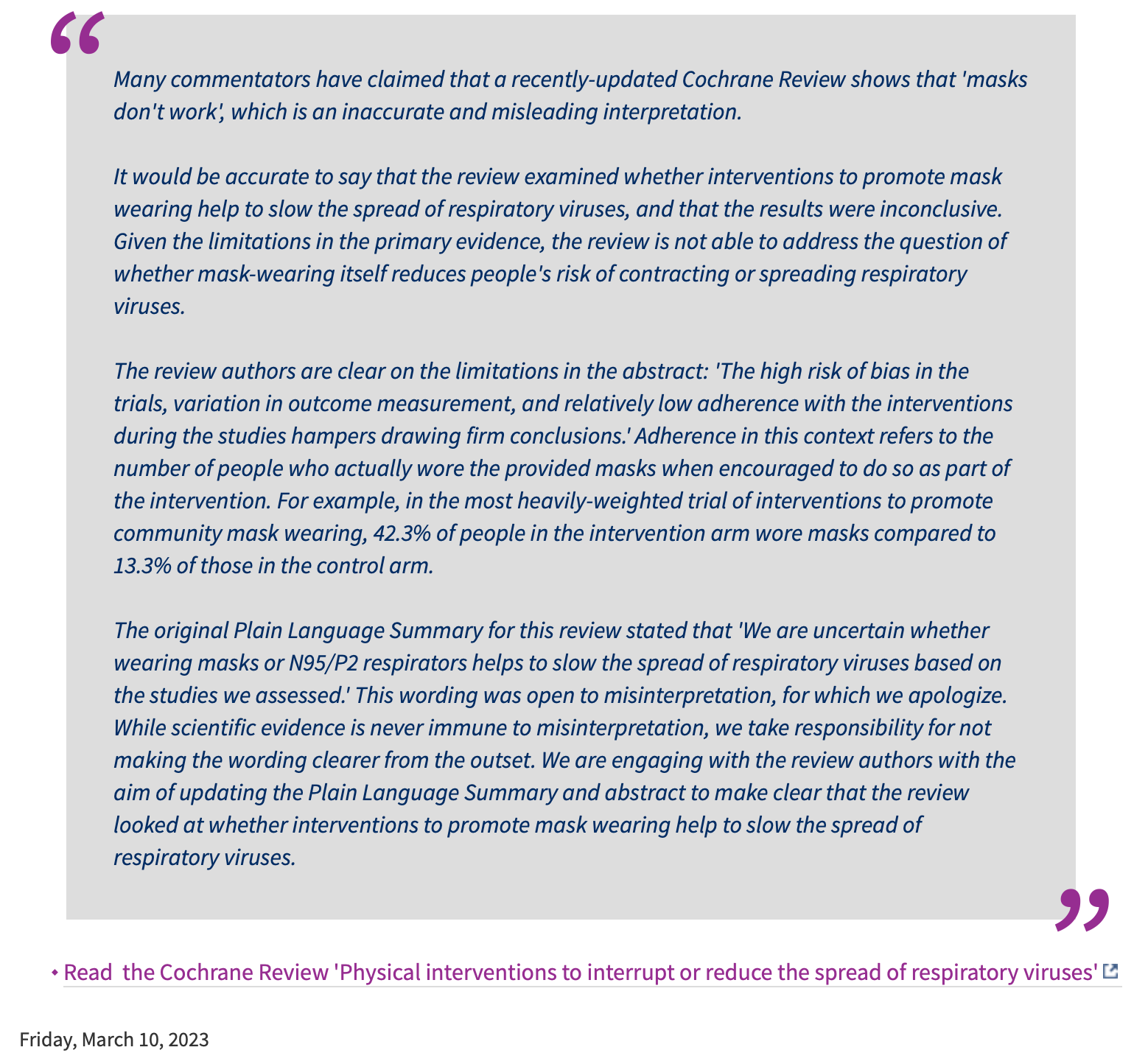 Cochrane Review A122 - attempts to discredit authors and underplay the content.