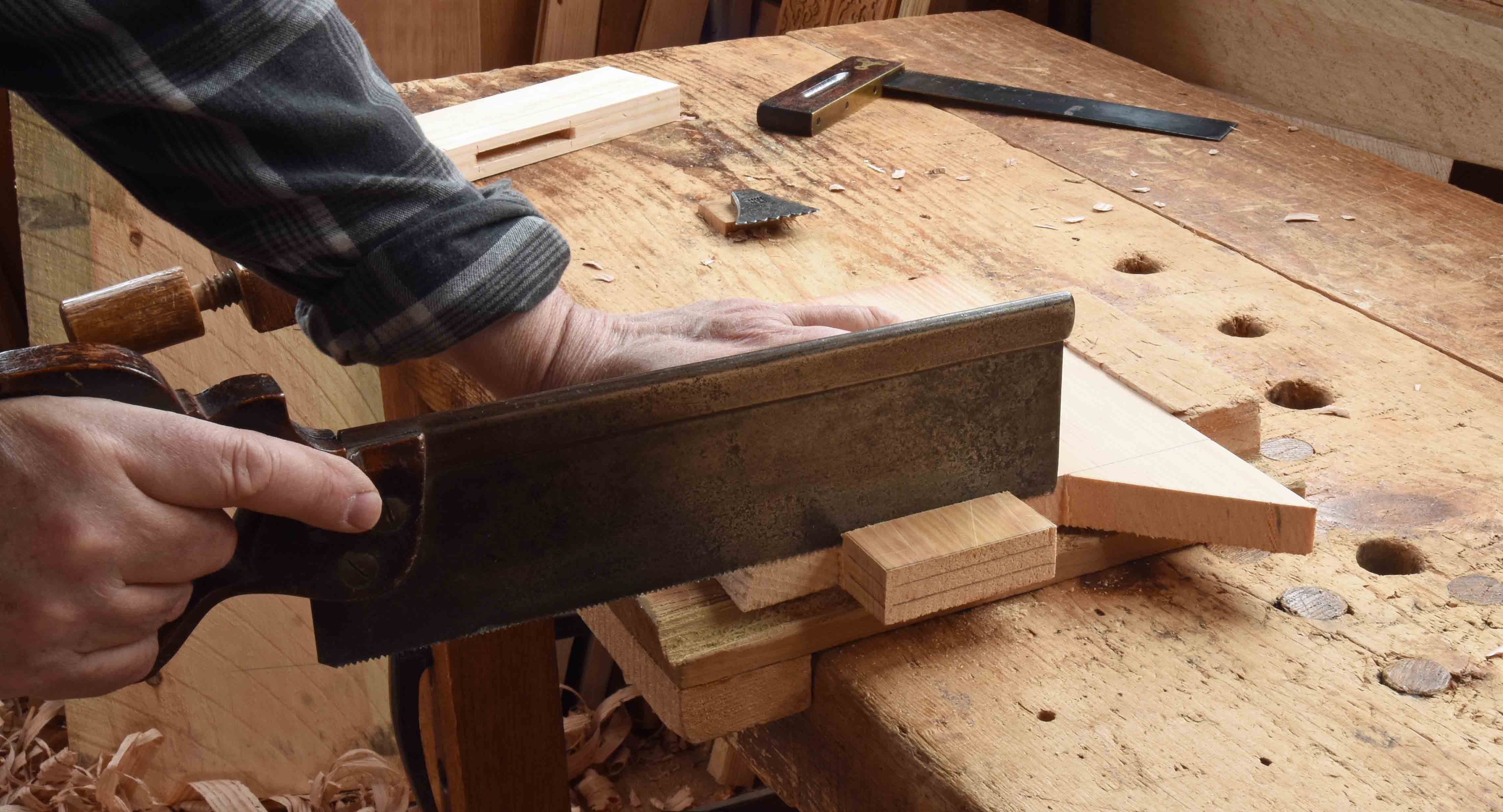 cutting the mitered table end cap - by Peter Follansbee