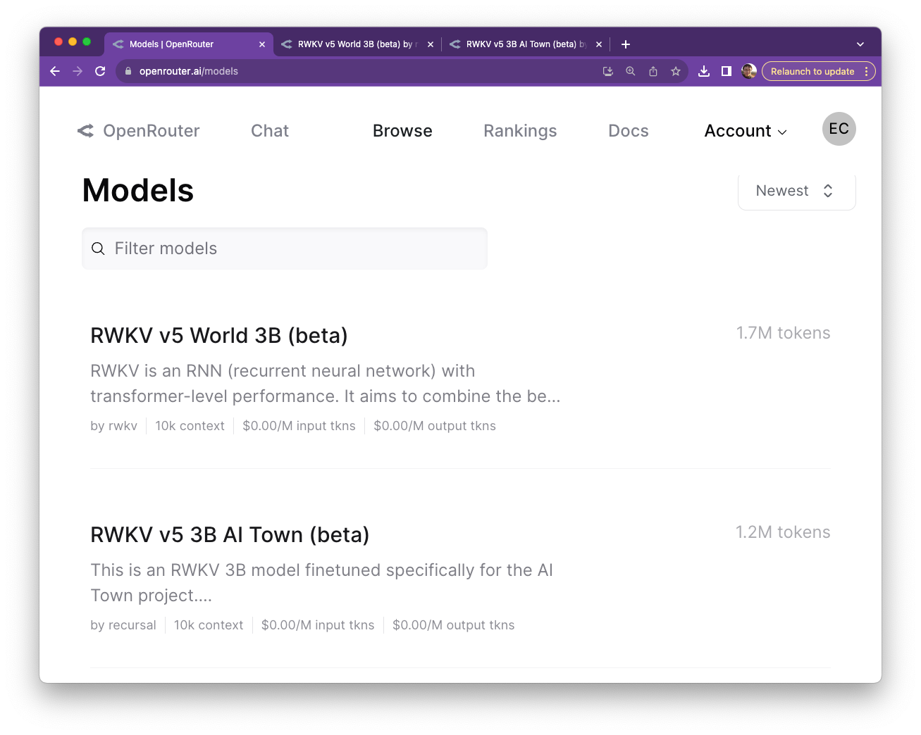 Public RWKV 3B Models via OpenRouter - by Eugene Cheah