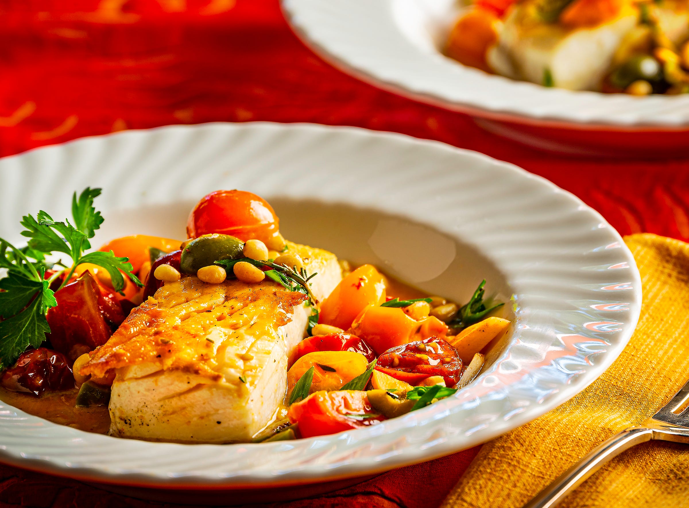 Halibut with Tomatoes, Pine Nuts and Olives