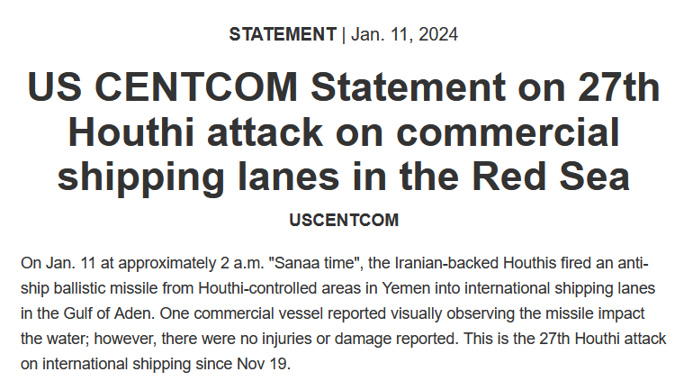 US CENTCOM Statement On 27th Houthi Attack On Commercial Shipping Lanes ...